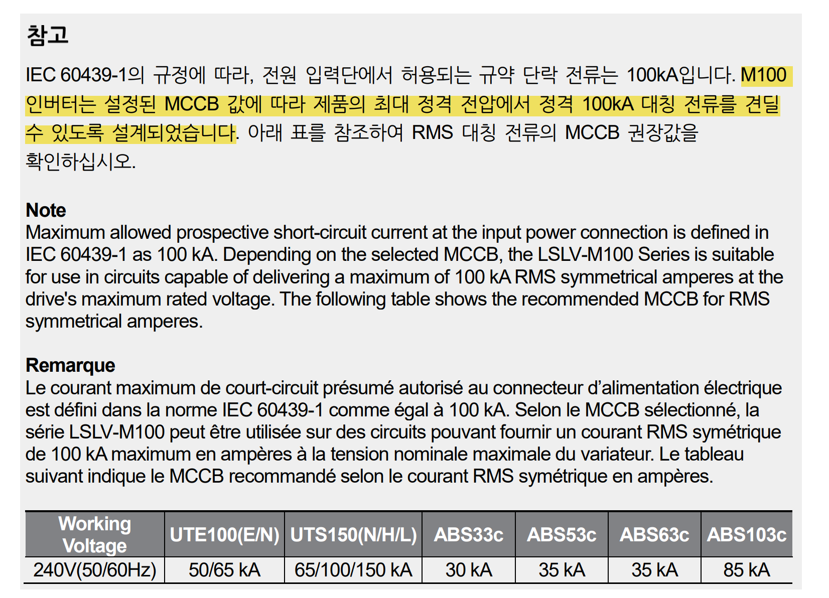 Solution Square : LSLV-0022-M100-1EO SCCR값이 필요합니다.